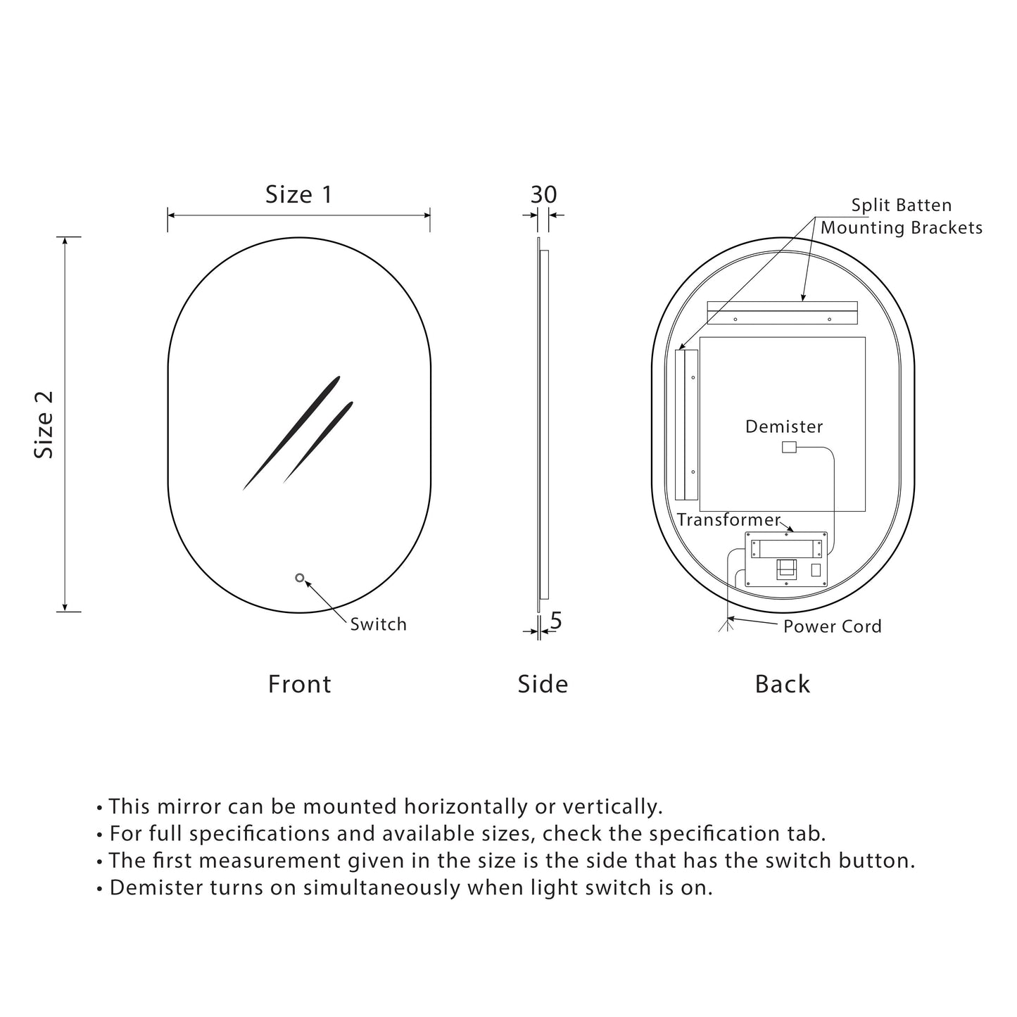 Pill Oval 450mm x 900mm Backlit LED Mirror with Polished Edge and Demi ...