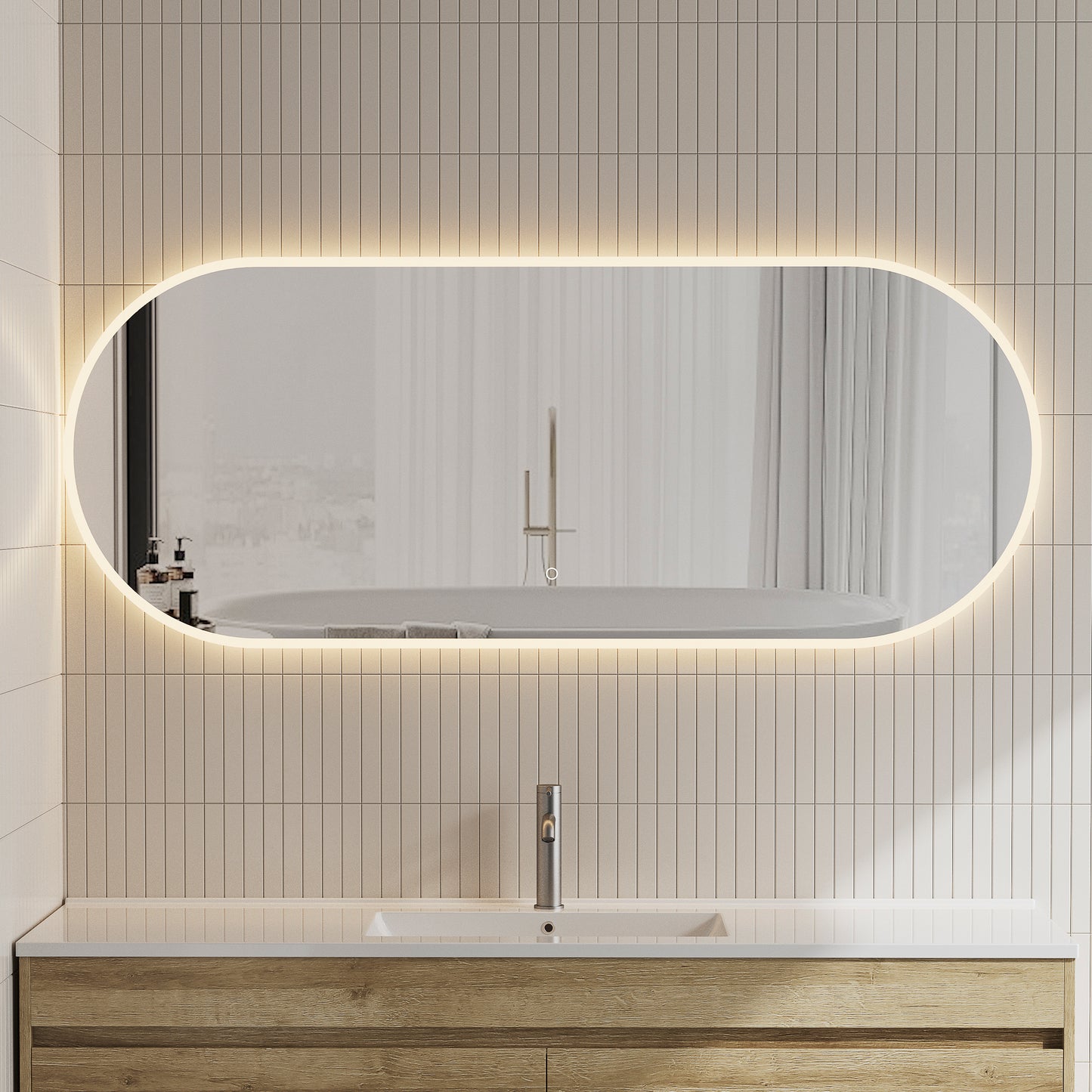 Pill Oval 1500mm x 600mm LED Mirror with Frosted Border and Demister ...