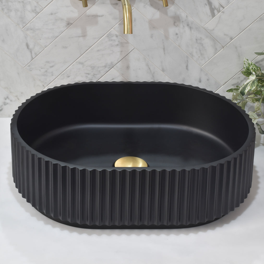 Stadio Groove 480mm Fluted Oval Artificial Stone Above-Counter Basin ...