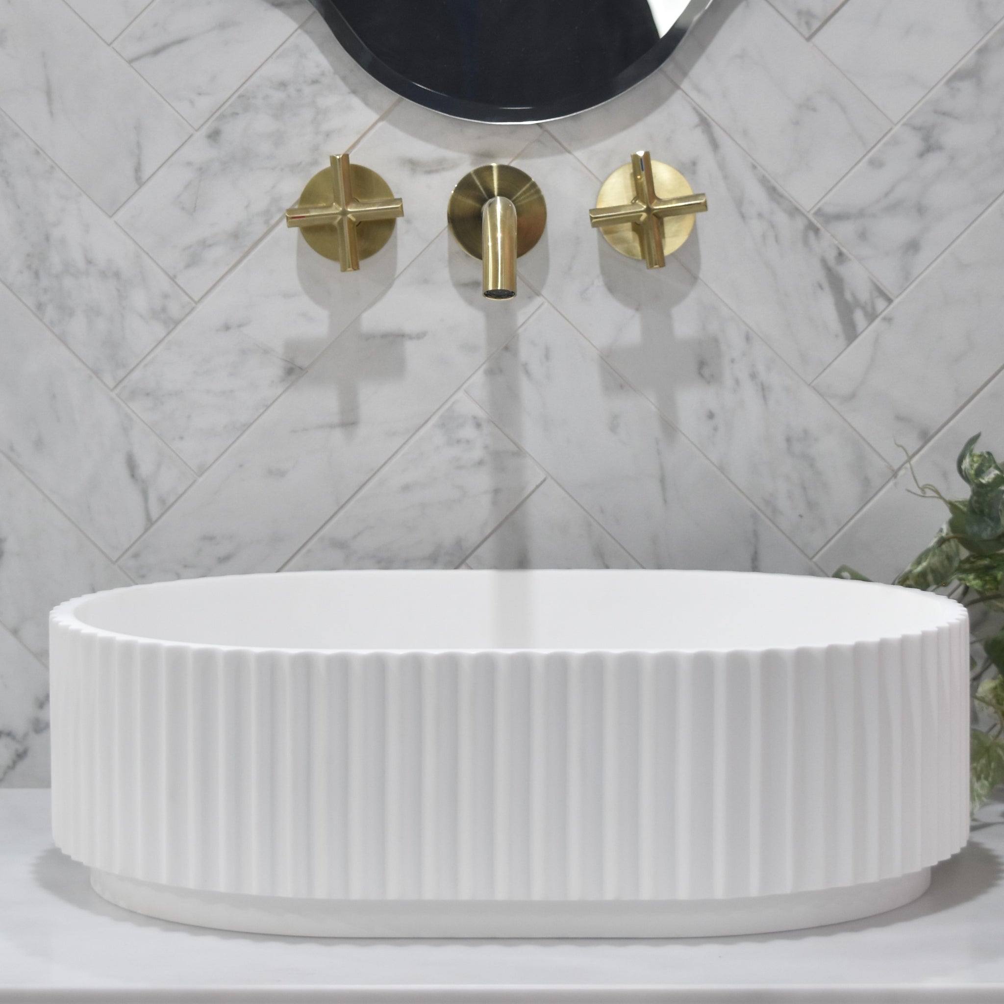 Stadio Groove 480mm Fluted Oval Artificial Stone Above-Counter Basin ...